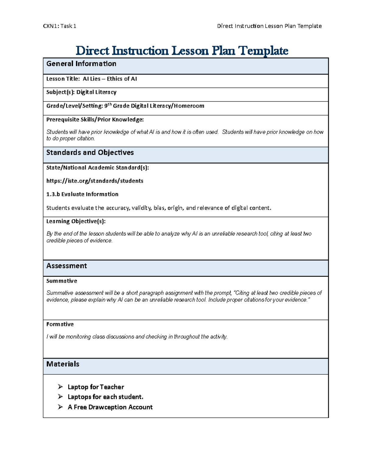 CXN1: Task 1 Direct Instruction Lesson Plan on AI Ethics - Studocu