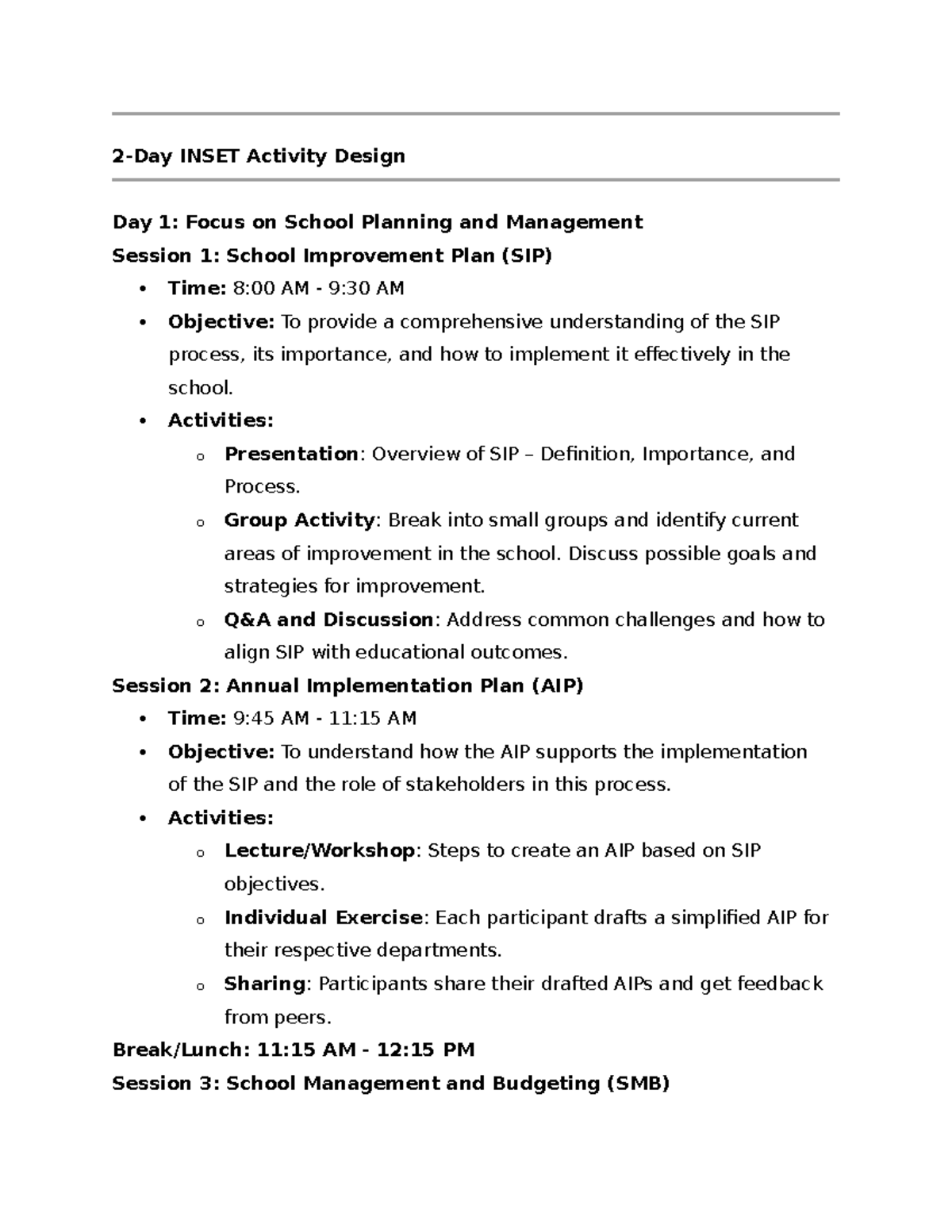 INSET Activity Design 2025: School Planning & Management Sessions - Studocu