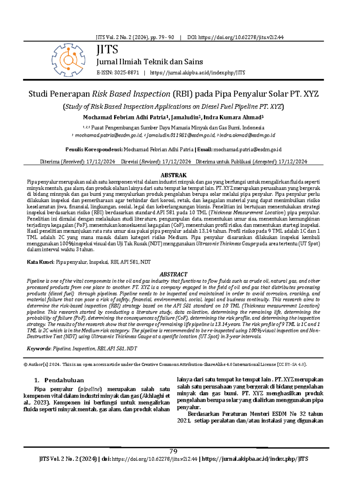 Studi Penerapan Risk Based Inspection (RBI) pada Pipa Solar PT. XYZ ...