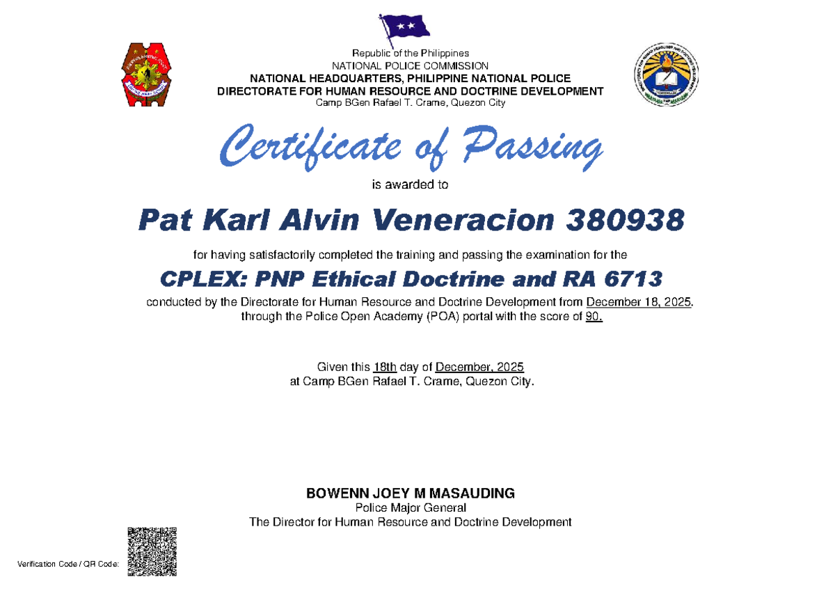 Certificate of Passing: CPLEX PNP Ethical Doctrine & RA 6713 - Studocu