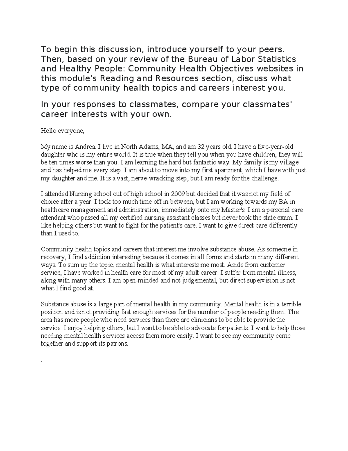 Discussion 1: Community Health Topics and Career Interests in ...