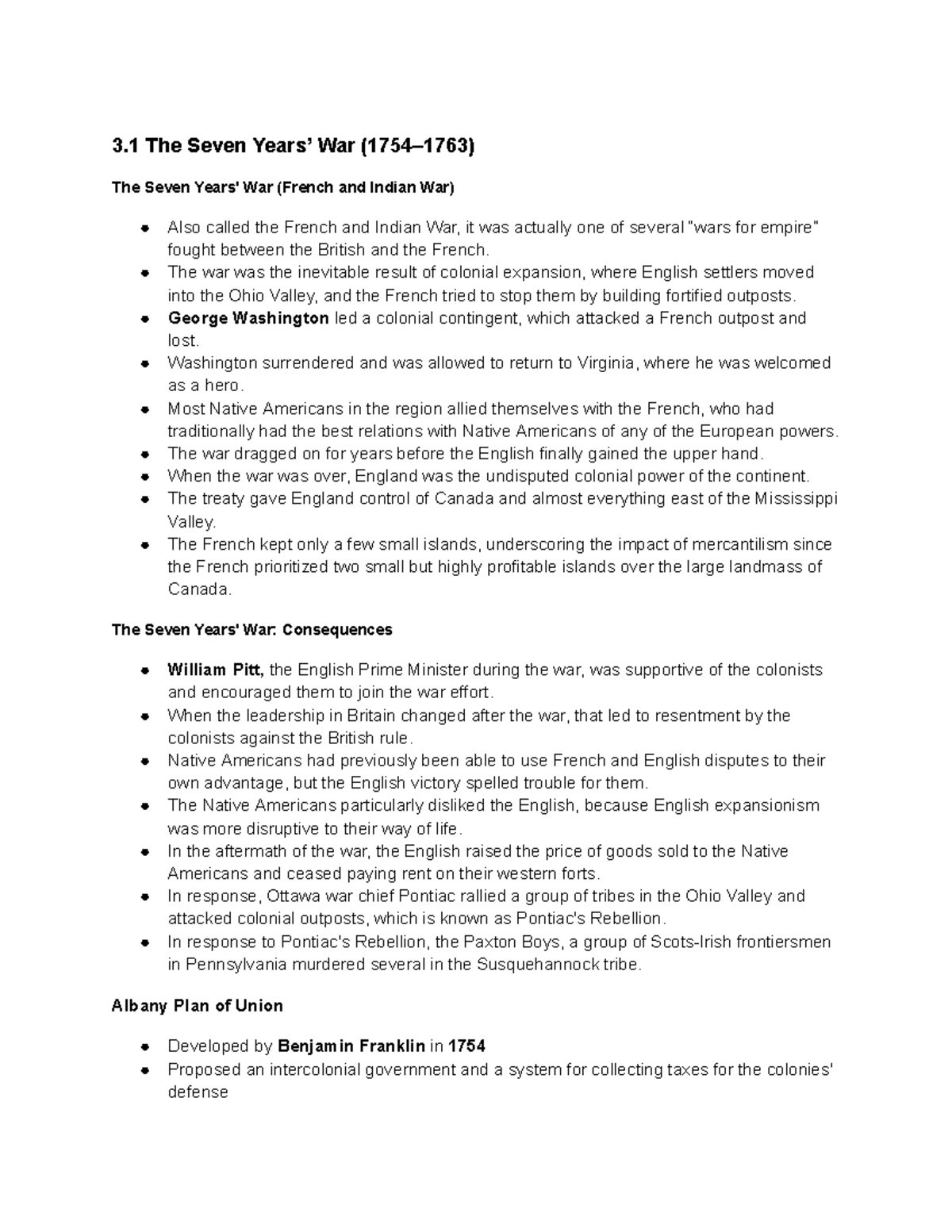 APUSH Period 3: The Seven Years' War and Its Aftermath - Studocu