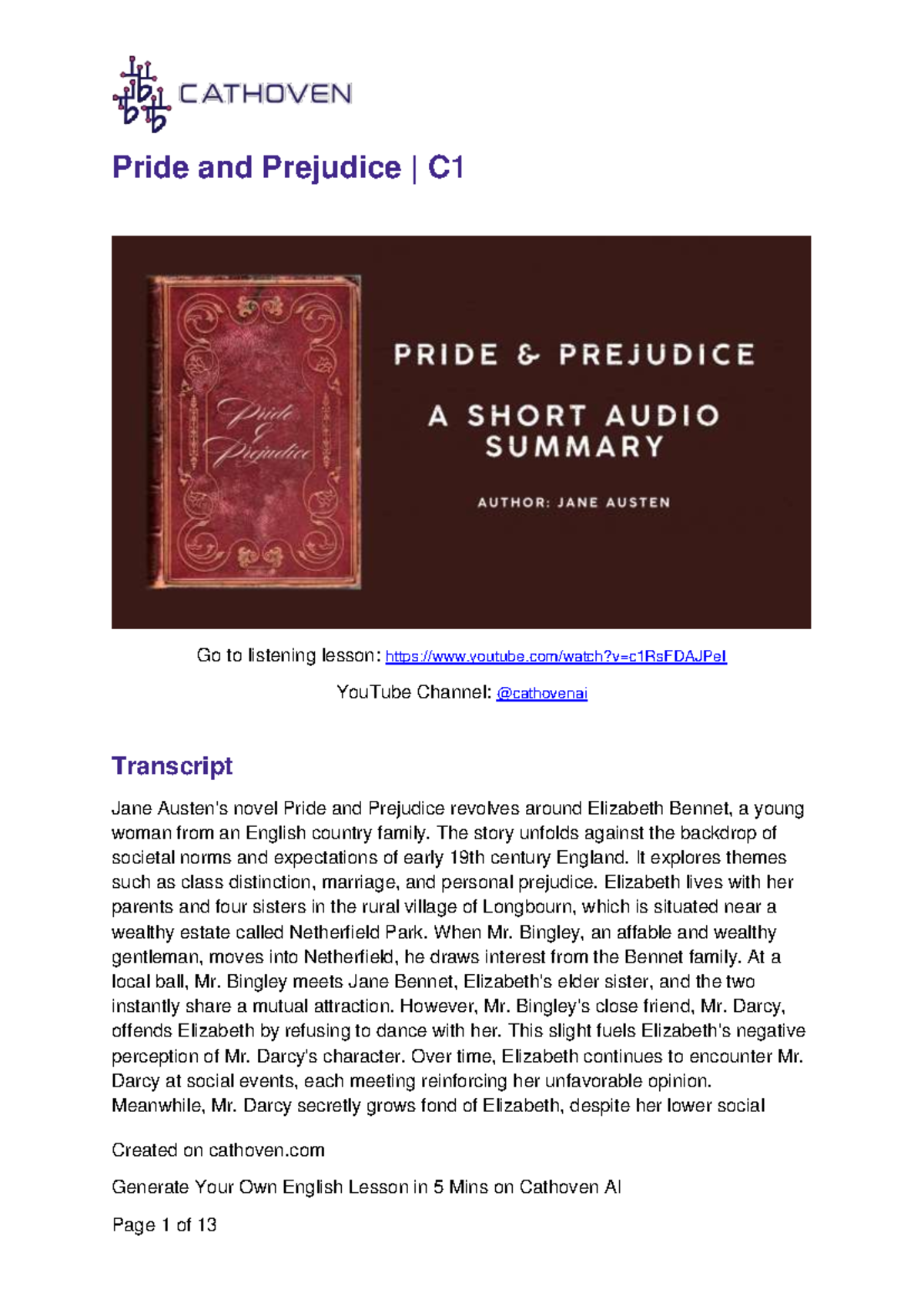 Listening Lesson Pride and Prejudice Summary C1 Advanced - Created on ...