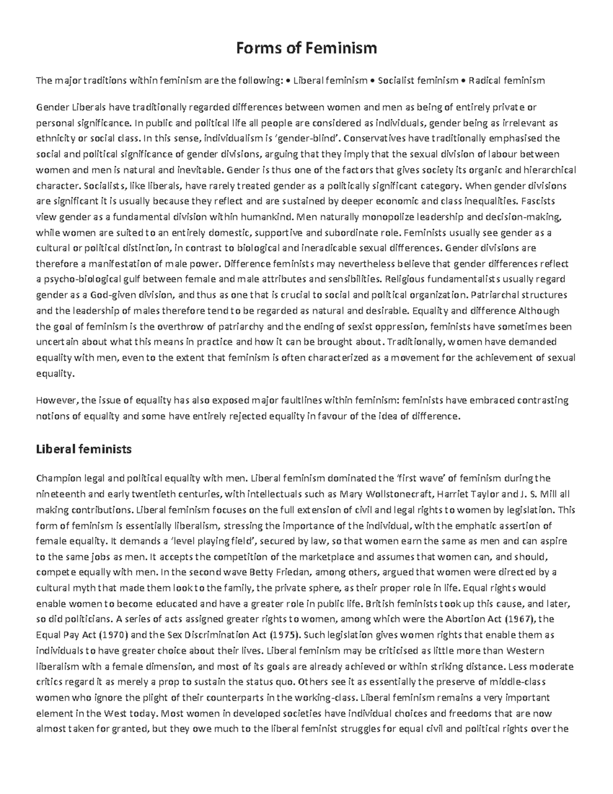 Forms of Feminism: Key Traditions and Theories Explained - Studocu