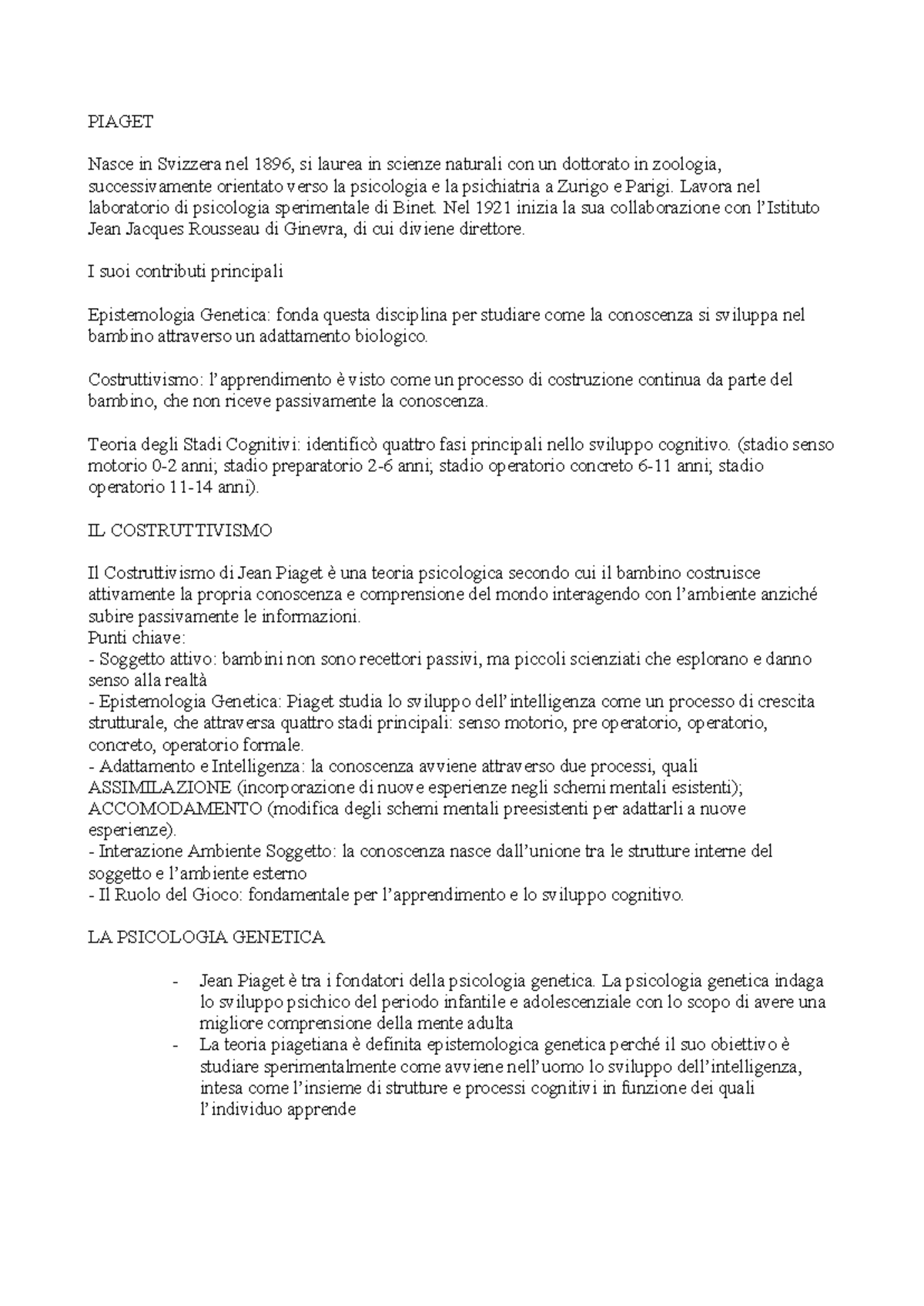 Relazione su Piaget: Teoria del Costruttivismo e Stadi Cognitivi - Studocu