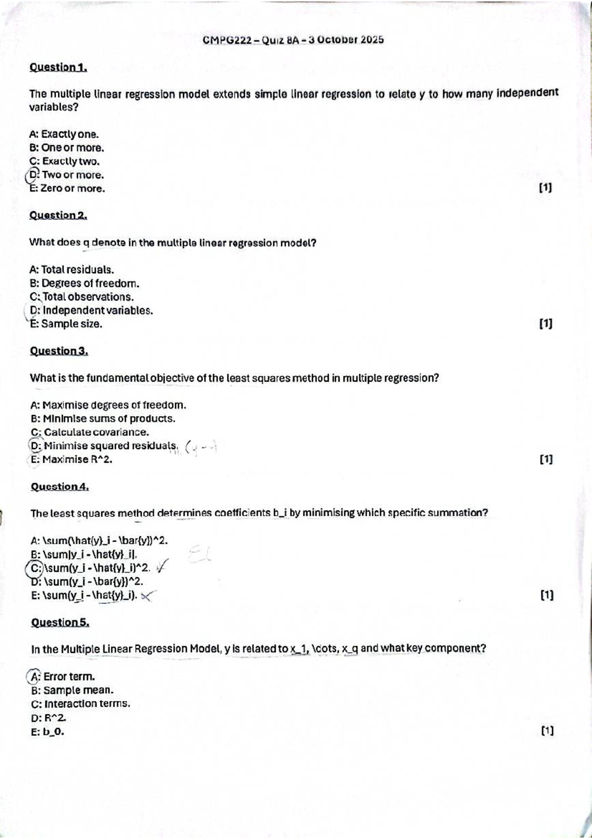 Cmpg 222 Quiz 8 - Multiple Linear Regression Concepts - Studocu