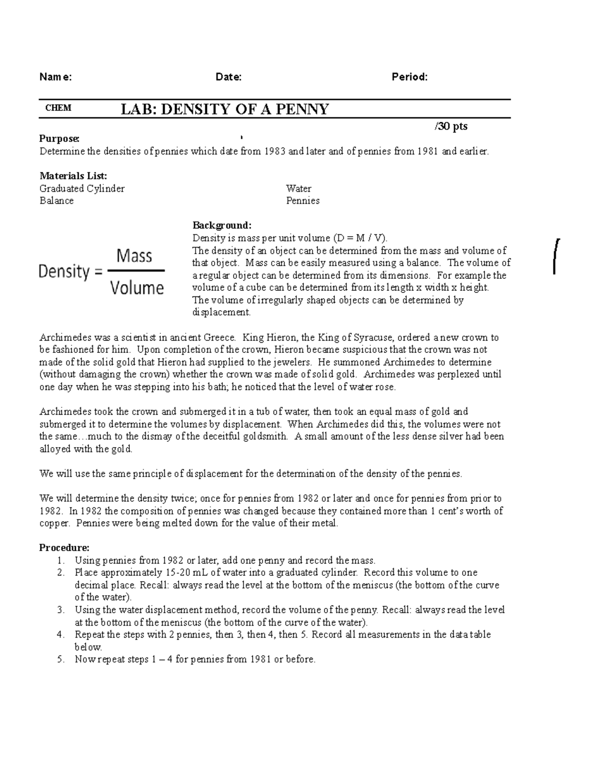 CHEM Lab: Density Analysis of Pennies (Post-1982 & Pre-1982) - Studocu
