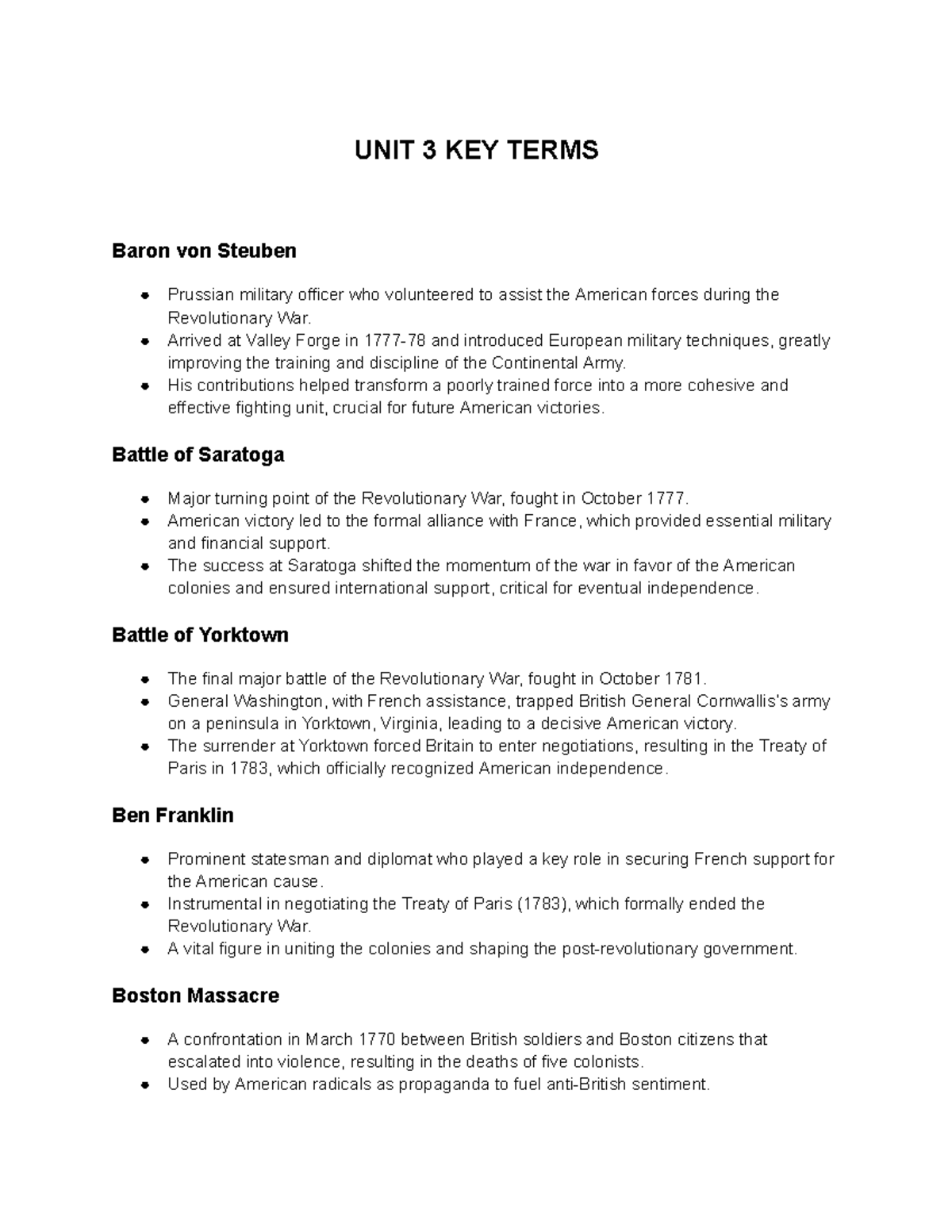 UNIT 3 KEY Terms - UNIT 3 KEY TERMS Baron von Steuben Prussian military ...