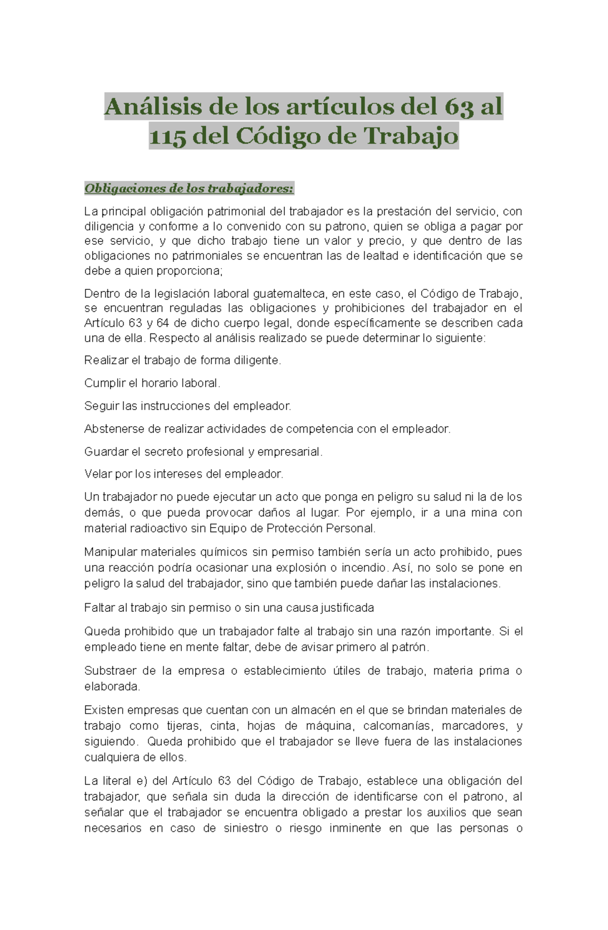 Análisis de los Artículos 63-115 del Código de Trabajo en Guatemala ...