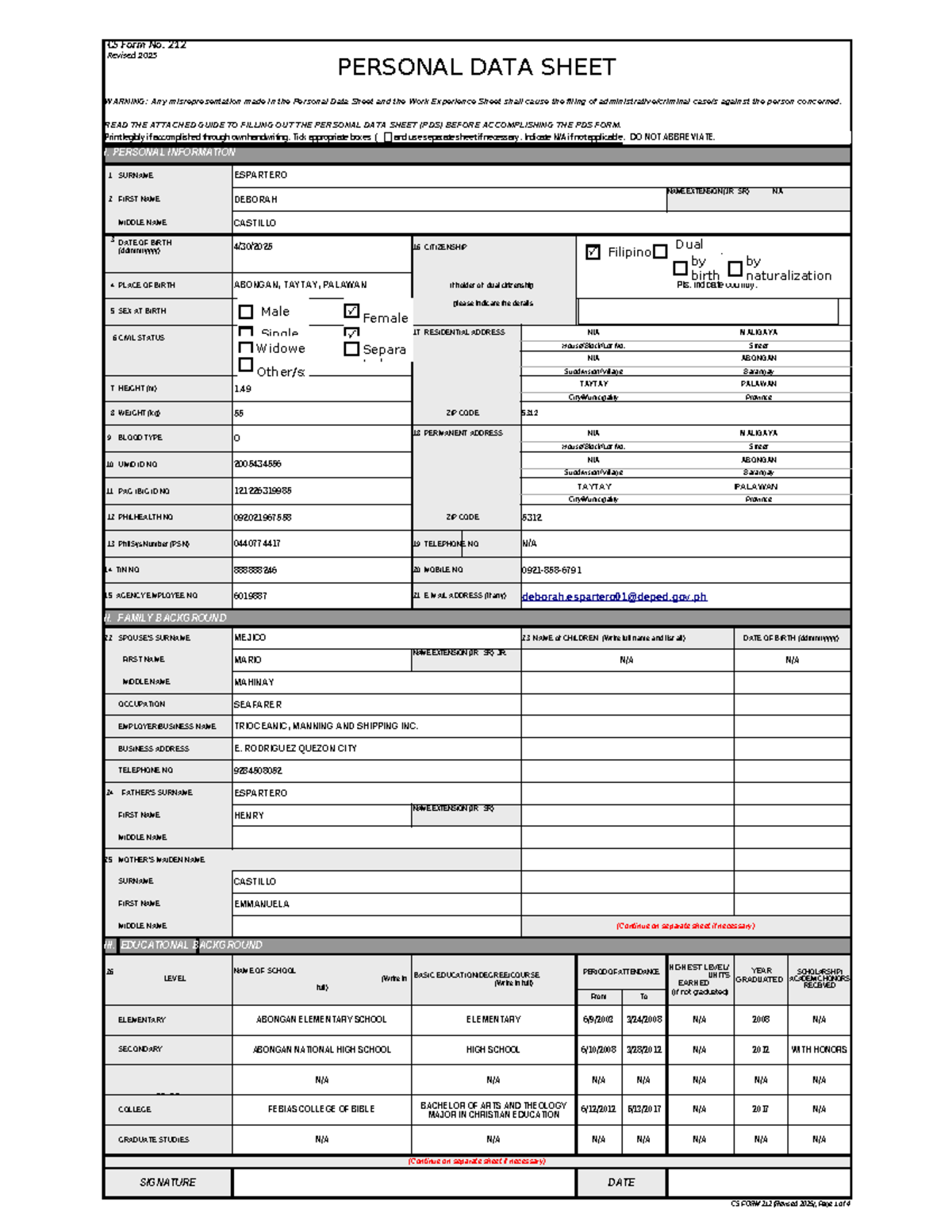 CS Form No. 212 Revised 2025: Personal Data Sheet Guide - Studocu