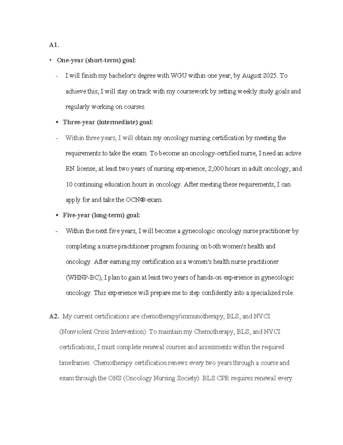 E225 Task 1: Professional Development Plan for Oncology Nursing - Studocu