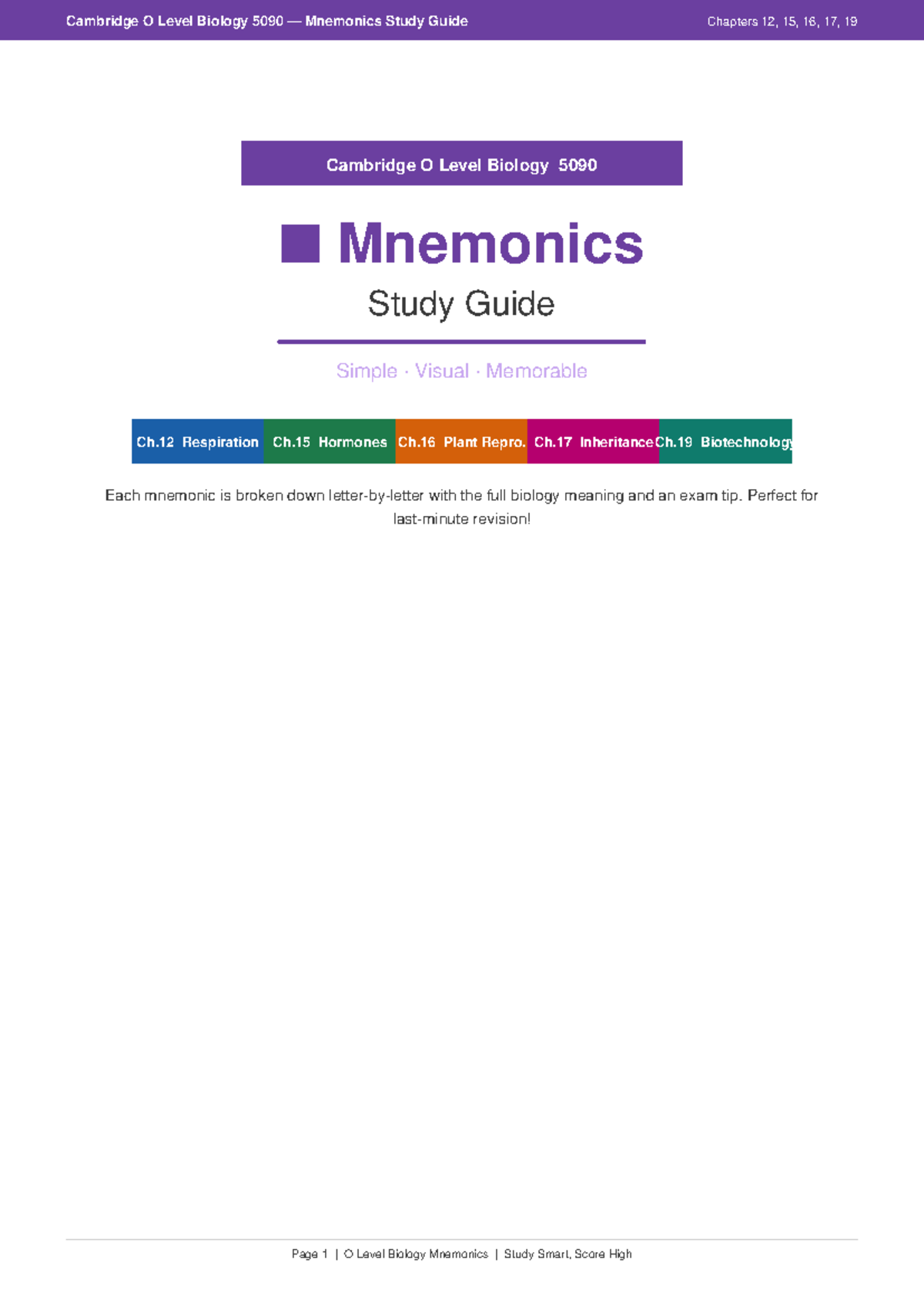 Cambridge O Level Biology 5090 Mnemonics Study Guide for Chapters 12-19 ...
