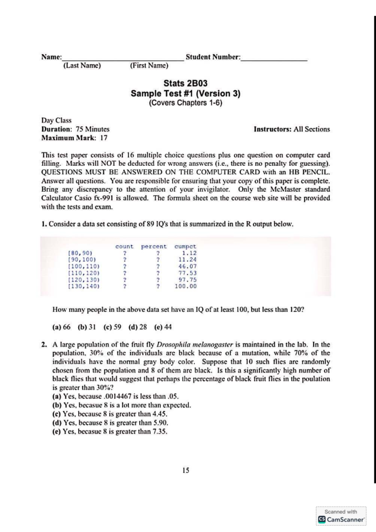 Stats 2B03 Sample Test (Version 3) - Chapters Coverage - Studocu