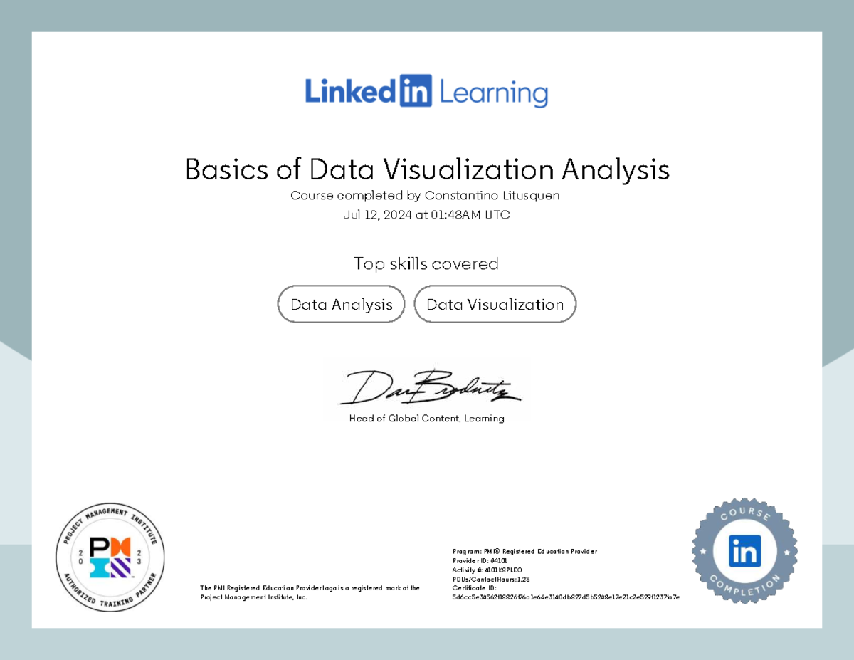 PMI - Certificate Of Completion Basics of Data Visualization Analysis ...