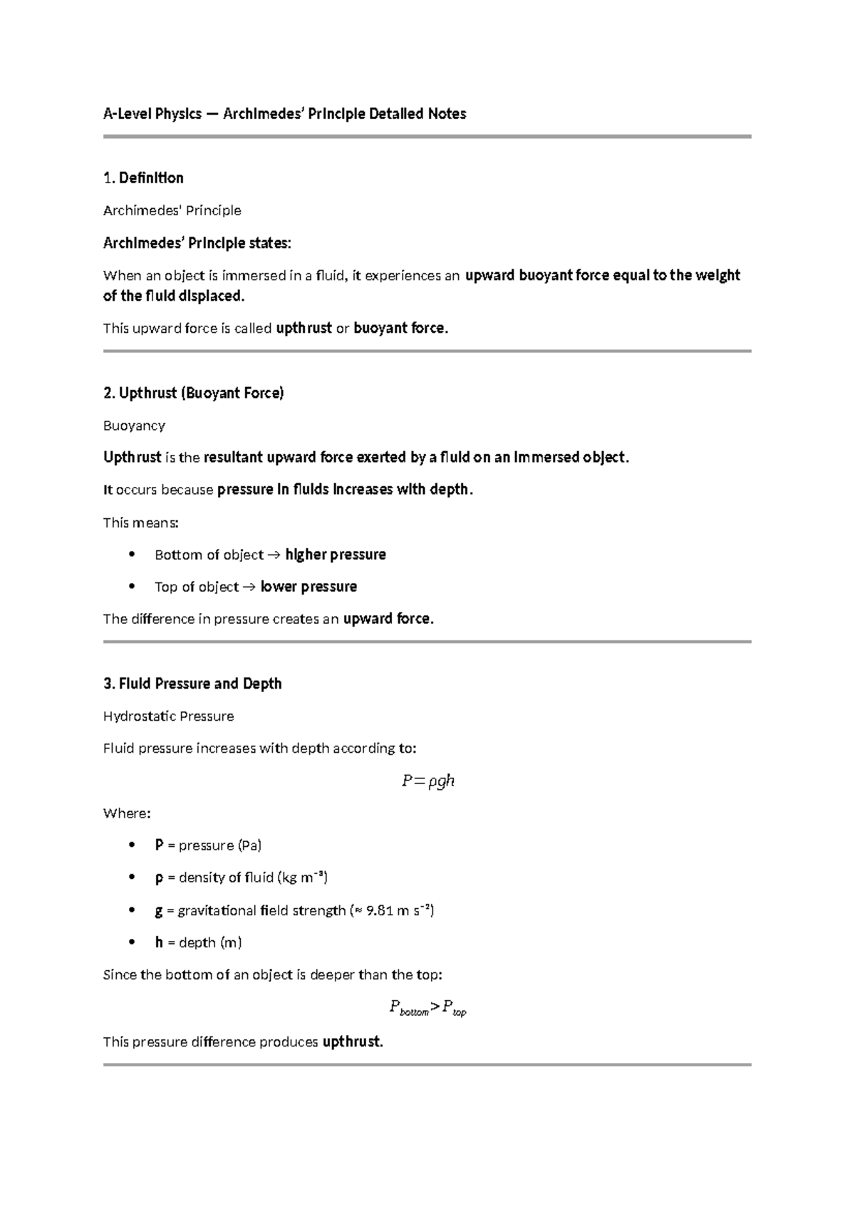 Alevel Physics - Buoyancy and Upthrust Detailed Notes - Studocu