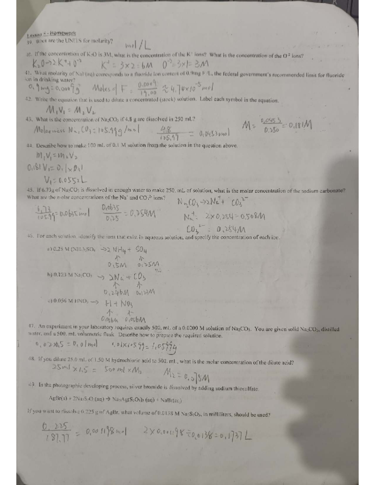 Lesson S. Homework 39: Molarity and Ion Concentrations in Solutions ...