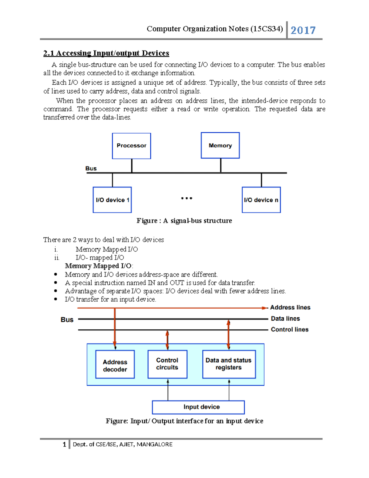 Computer Organization Notes - 2 Accessing Input/output Devices A single ...