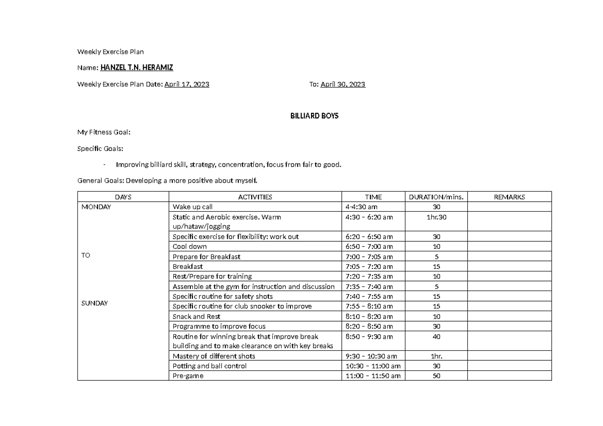 Billiard Boys Weekly Training Plan: Skills & Strategy Development - Studocu