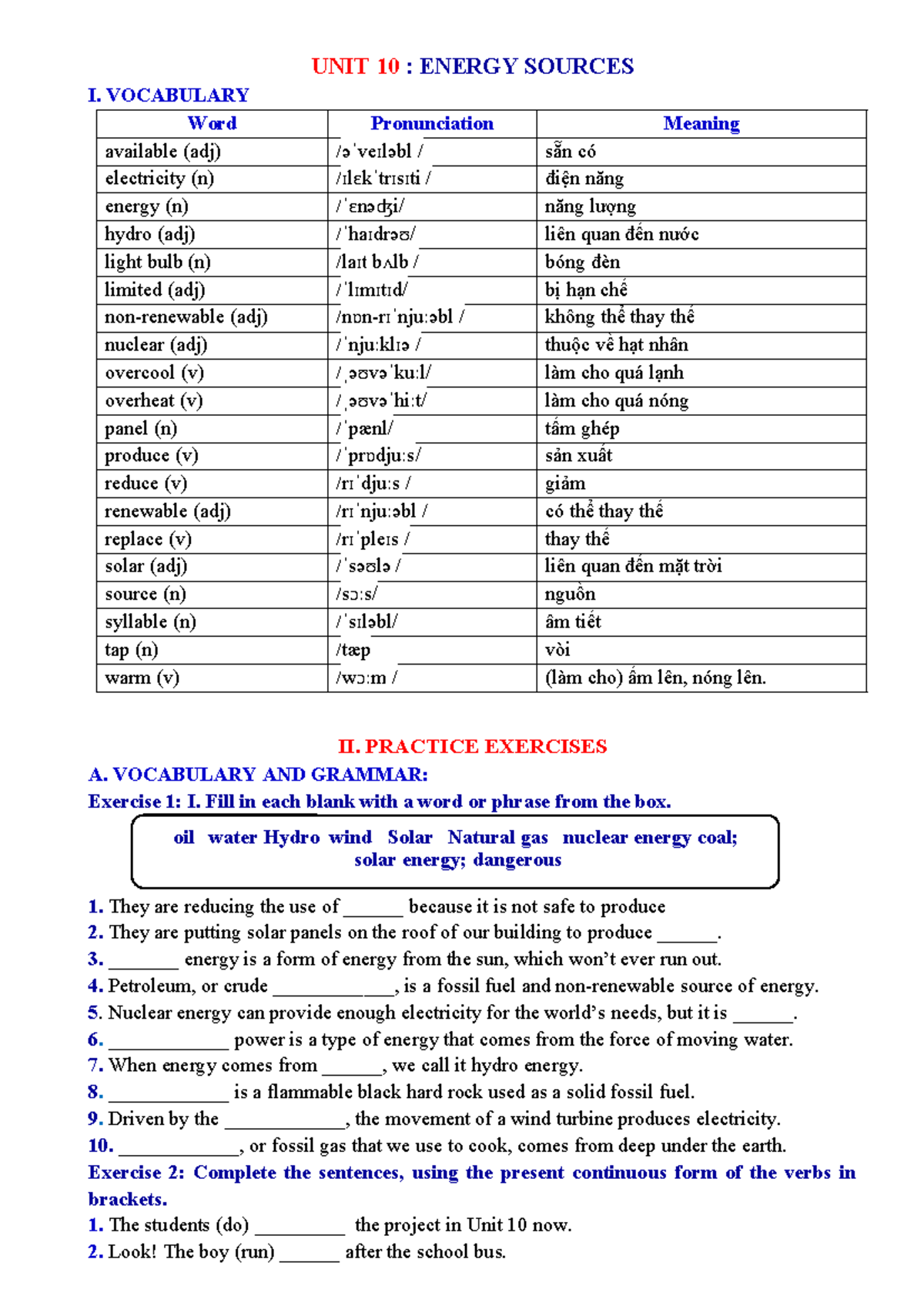 Revision of Unit 10: Energy Sources - G7 Vocabulary & Exercises - Studocu