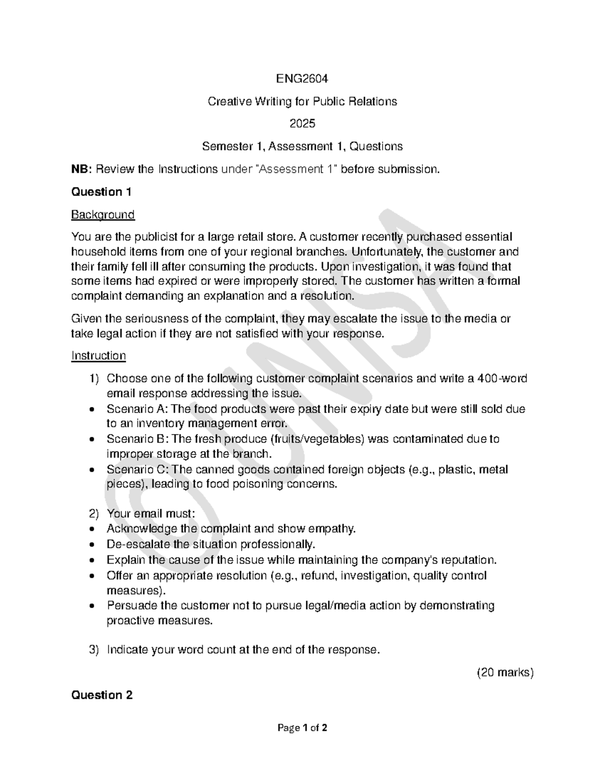 ENG 2025 S1 Creative Writing Assessment 1 Questions and Instructions ...