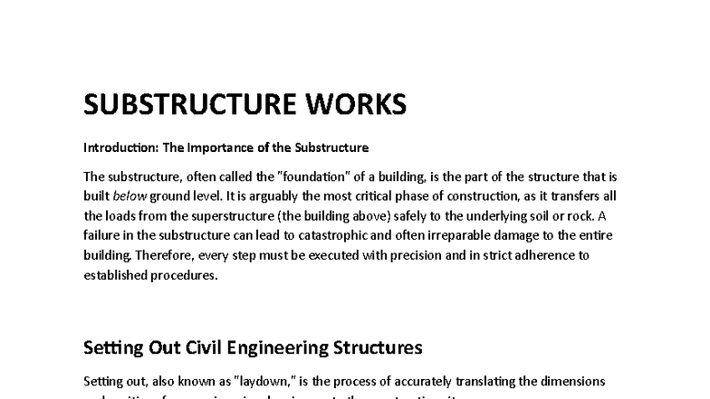 Civil Engineering: Substructure Works Overview and Techniques - Studocu