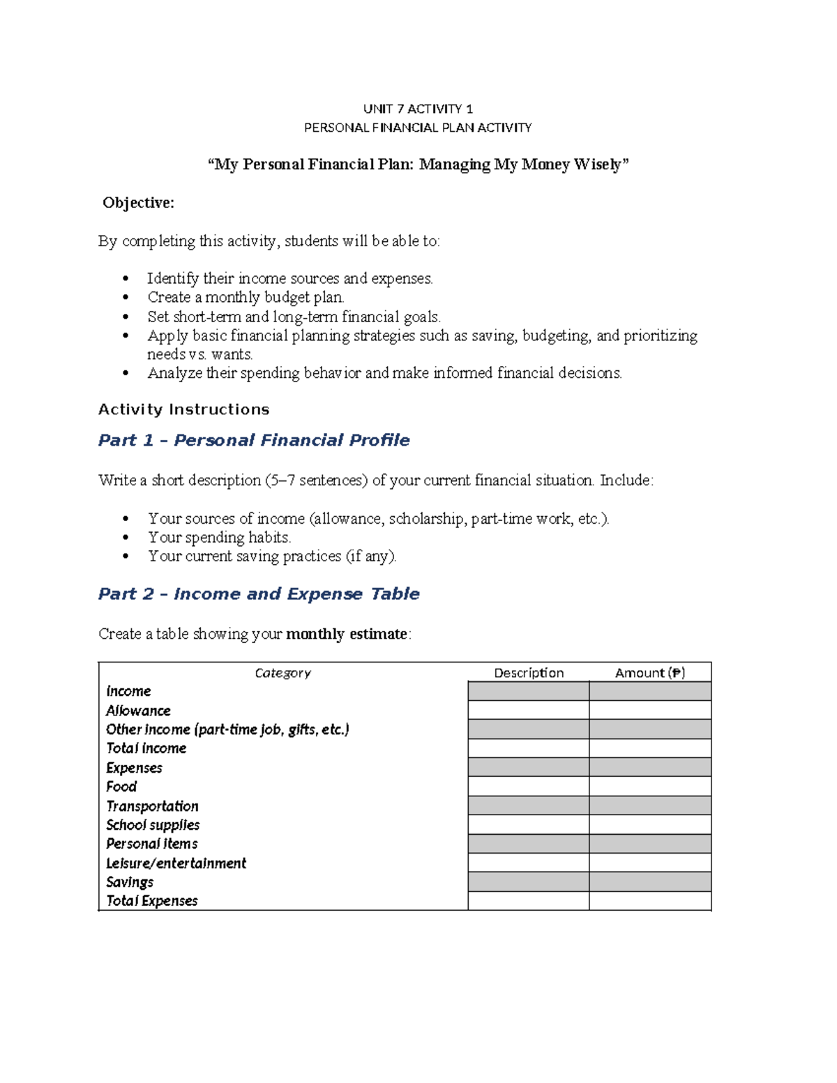 UNIT 7 ACTIVITY 1 - PERSONAL FINANCIAL PLAN GUIDE - Studocu