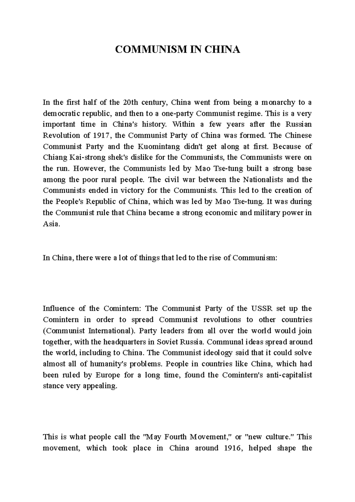 Communism in China: Key Lecture Notes (Course Code: IN) - Studocu