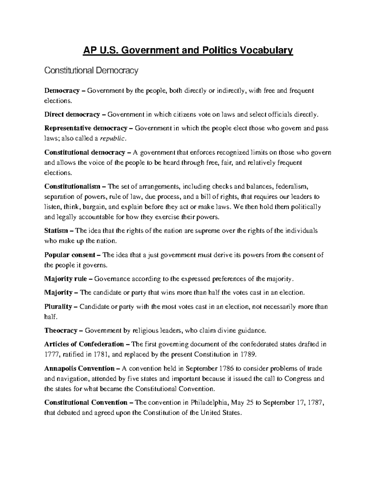 AP Government Comprehensive Vocab List - AP U. Government and Politics ...