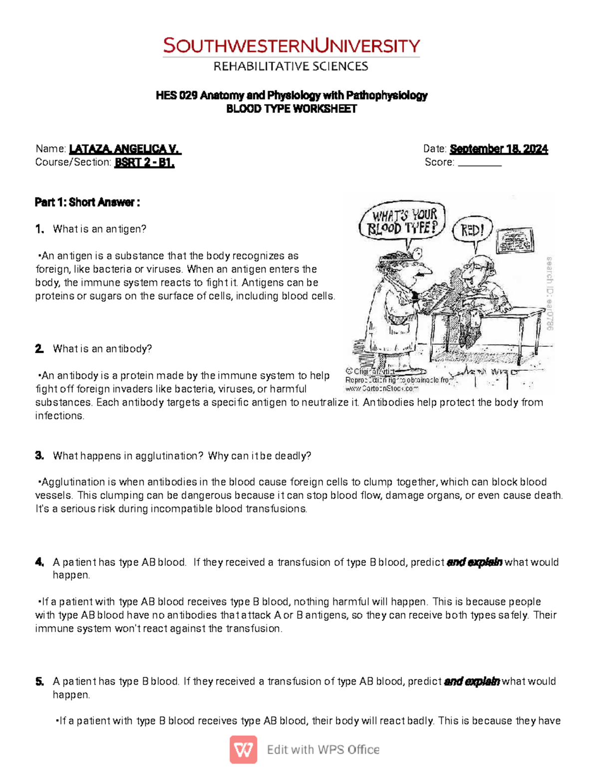 Blood Types Worksheet - HES 029 Anatomy and Physiology with ...