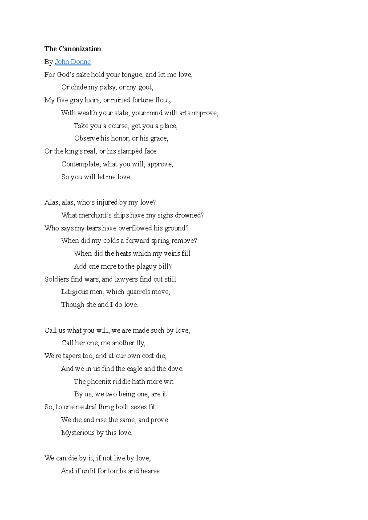 Canonization - John Donne Poem Analysis and Interpretation - Studocu