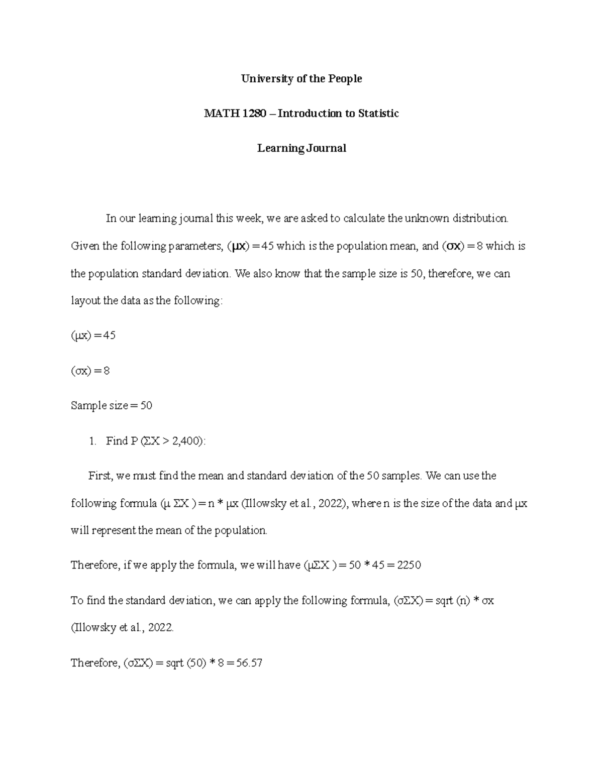 Learning Journal Unit 8 - University of the People MATH 1280 – Introduction to Statistic ...