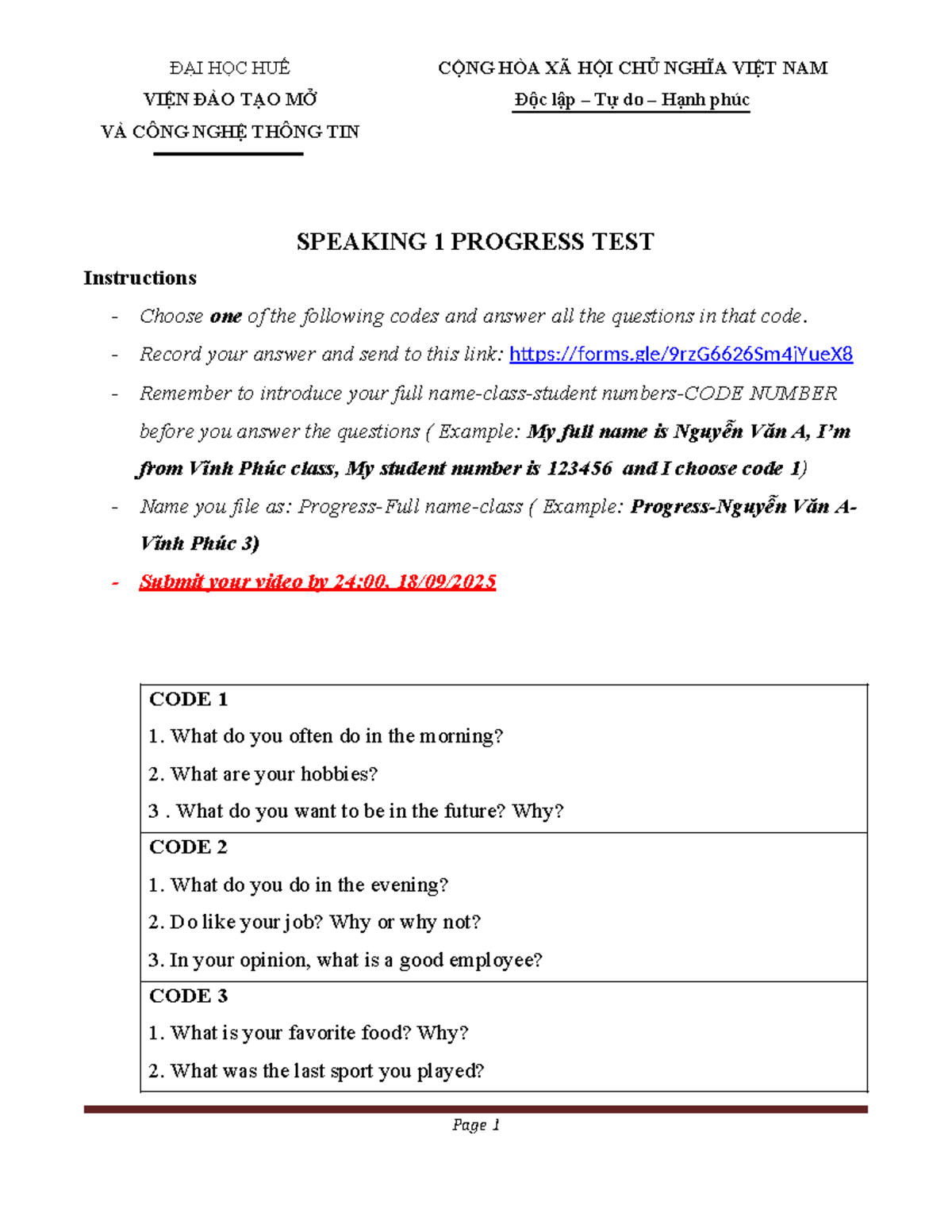 Speaking 1 - Progress Test Instructions and Questions - Studocu