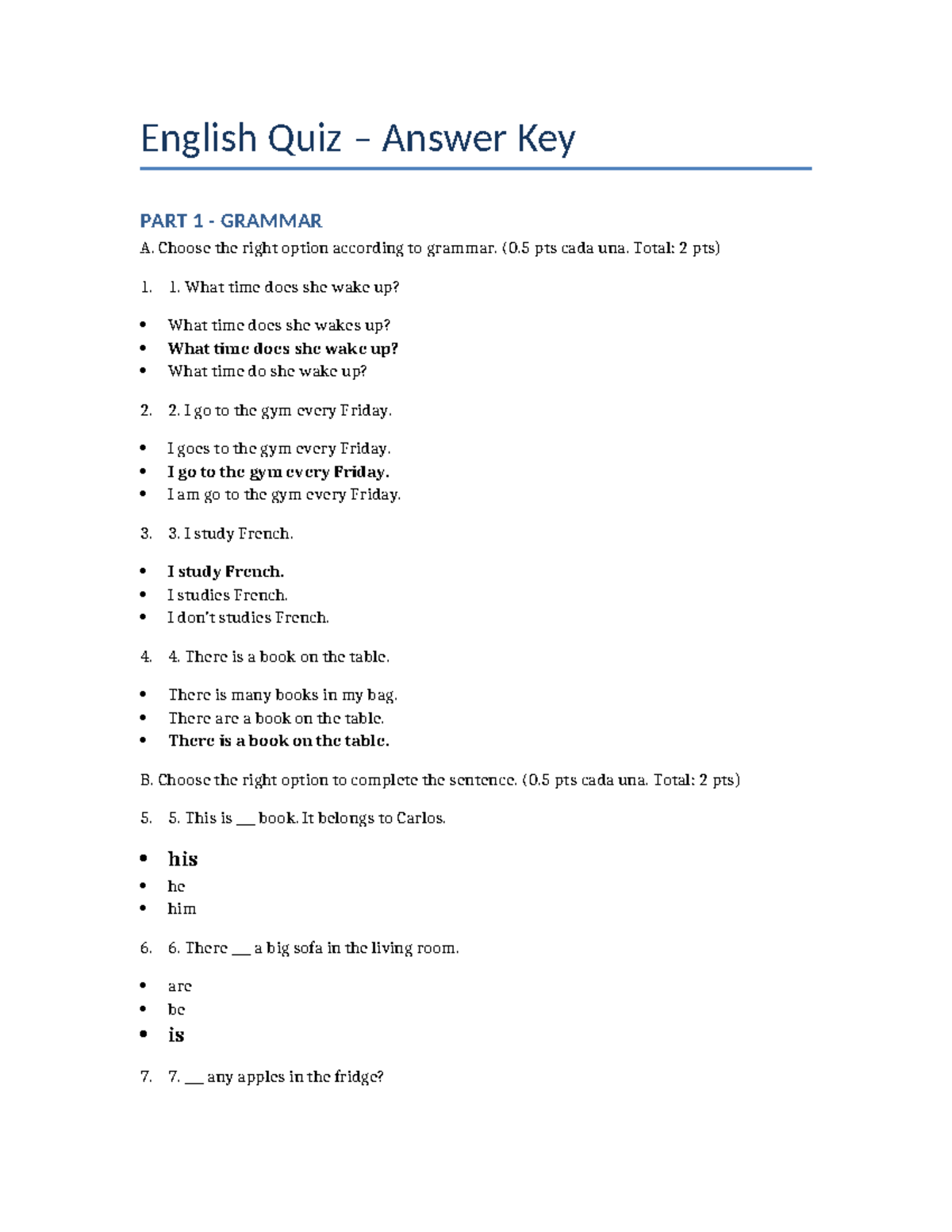English Quiz Answer Key: Grammar, Vocabulary & Listening Comprehension ...