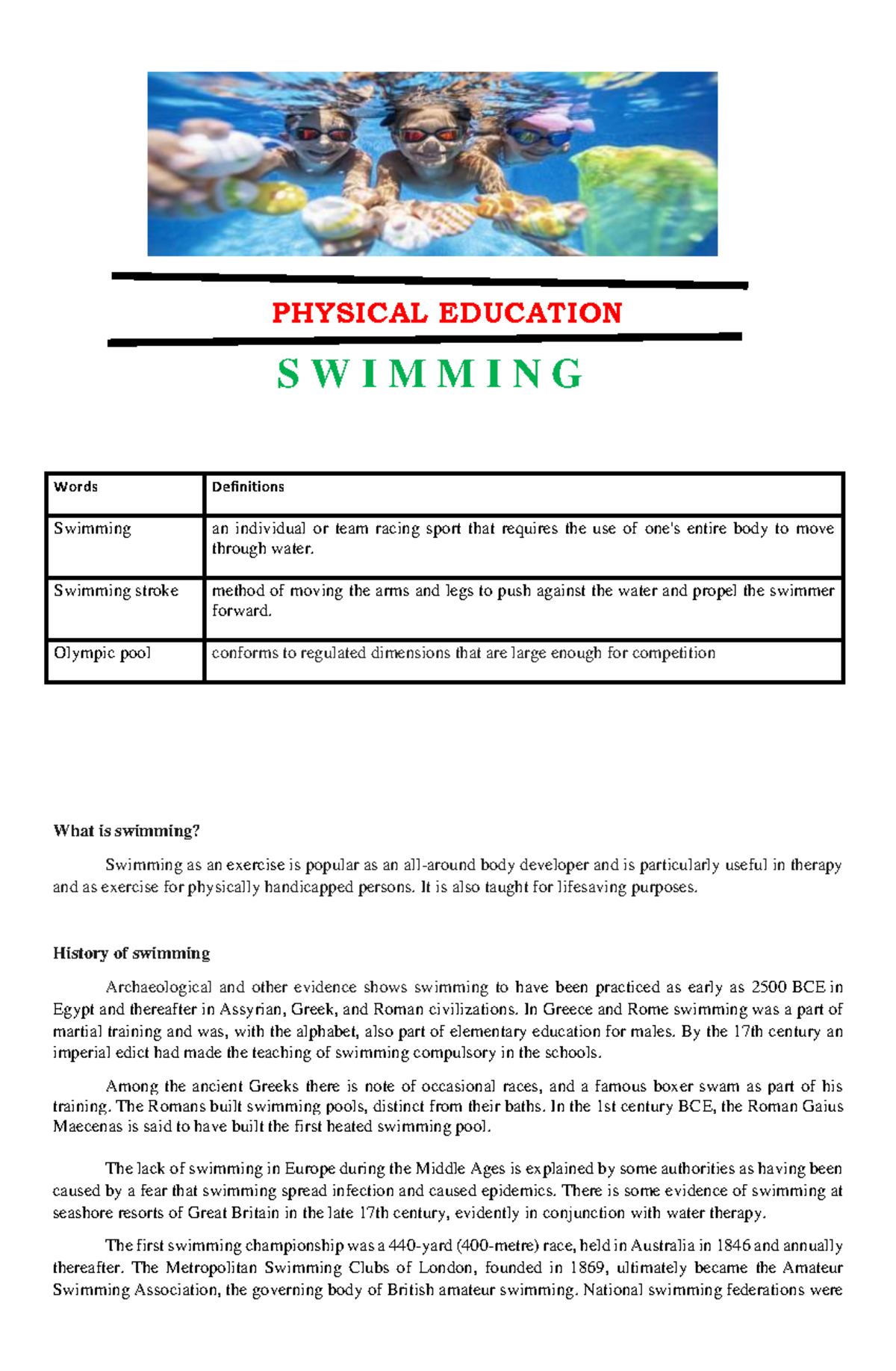 PE Lesson 3 - SWIMMING - PHYSICAL EDUCATION Words Definitions Swimming ...