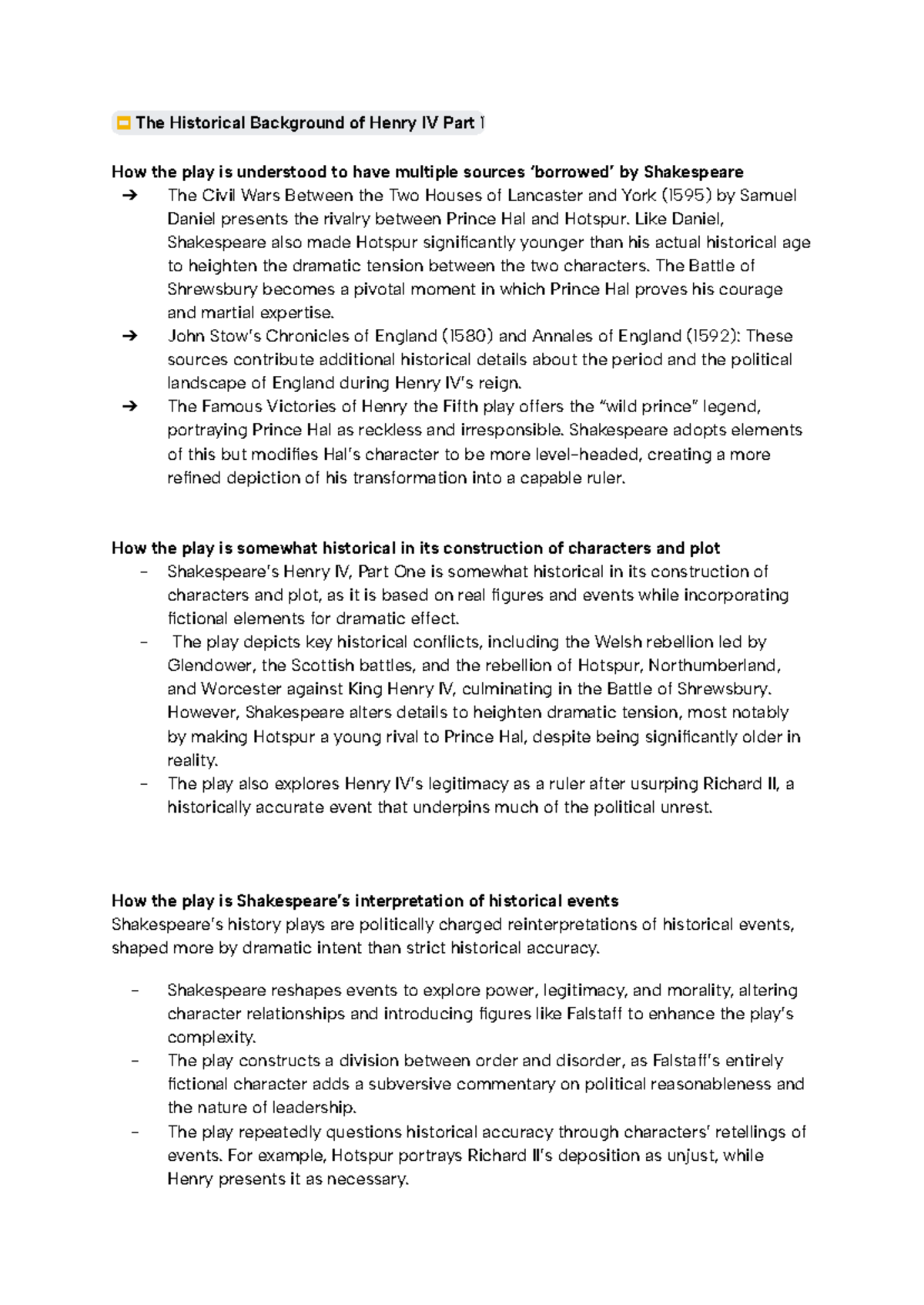Week 3 Work: Historical Context of Henry IV Part 1 Analysis - Studocu
