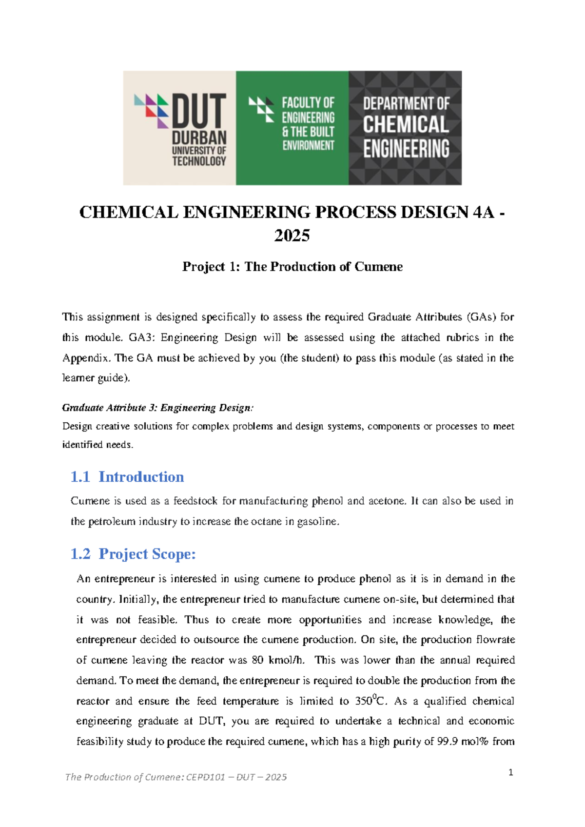 2025 Project 1: Cumene Production for Chemical Engineering 4A - Studocu