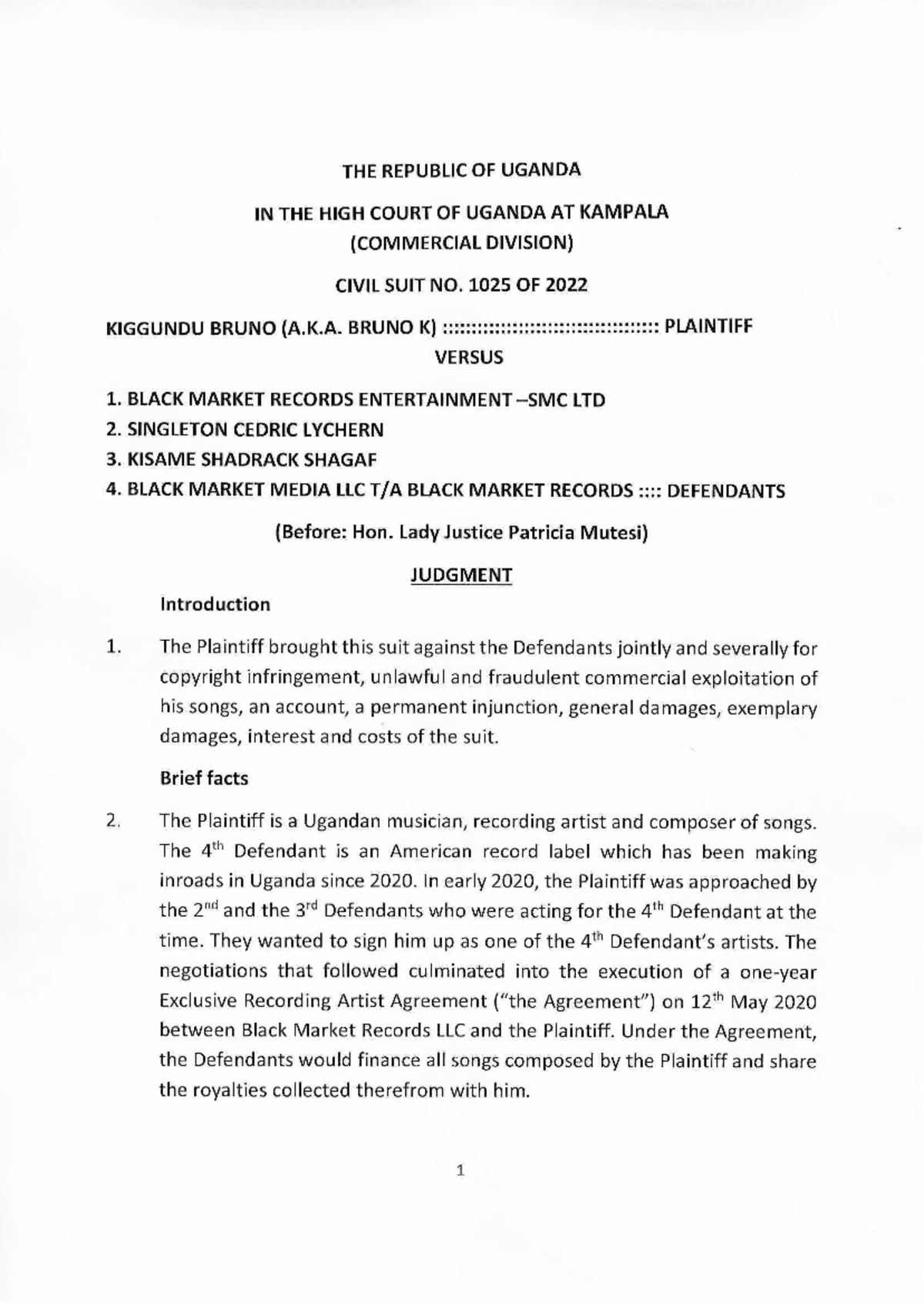 Kiggundu Bruno K v Black Market Records Ltd: Copyright Infringement ...
