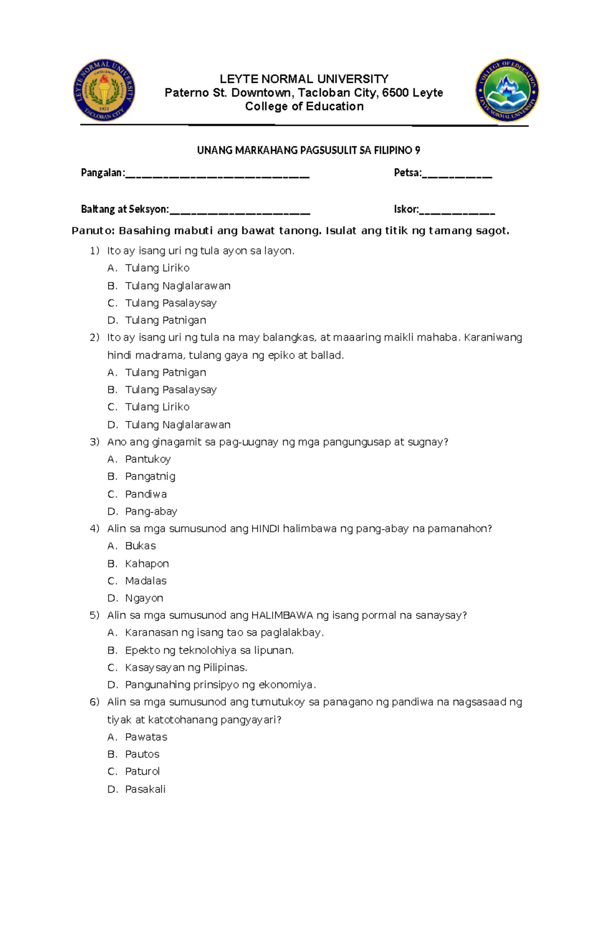 AIL Questions G5 revised - LEYTE NORMAL UNIVERSITY Paterno St. Downtown ...