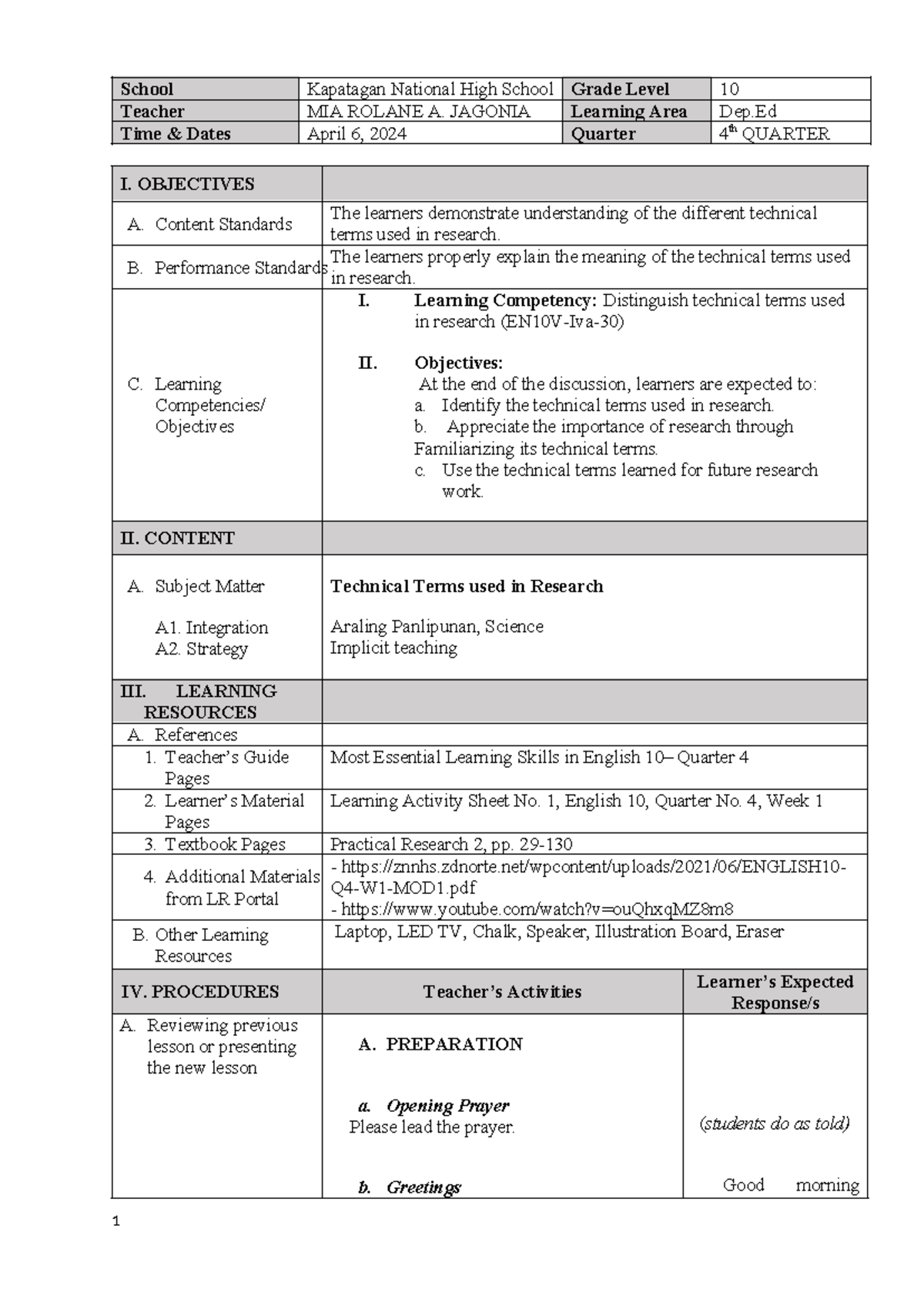Grade 10 Lesson Plan: Understanding Technical Terms in Research - Studocu
