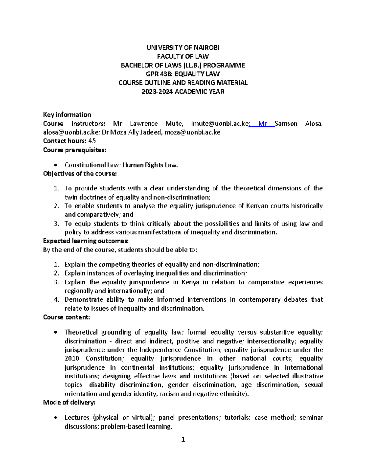 GPR 438: Equality Law Course Outline for 2023 - 2024 Academic Year ...