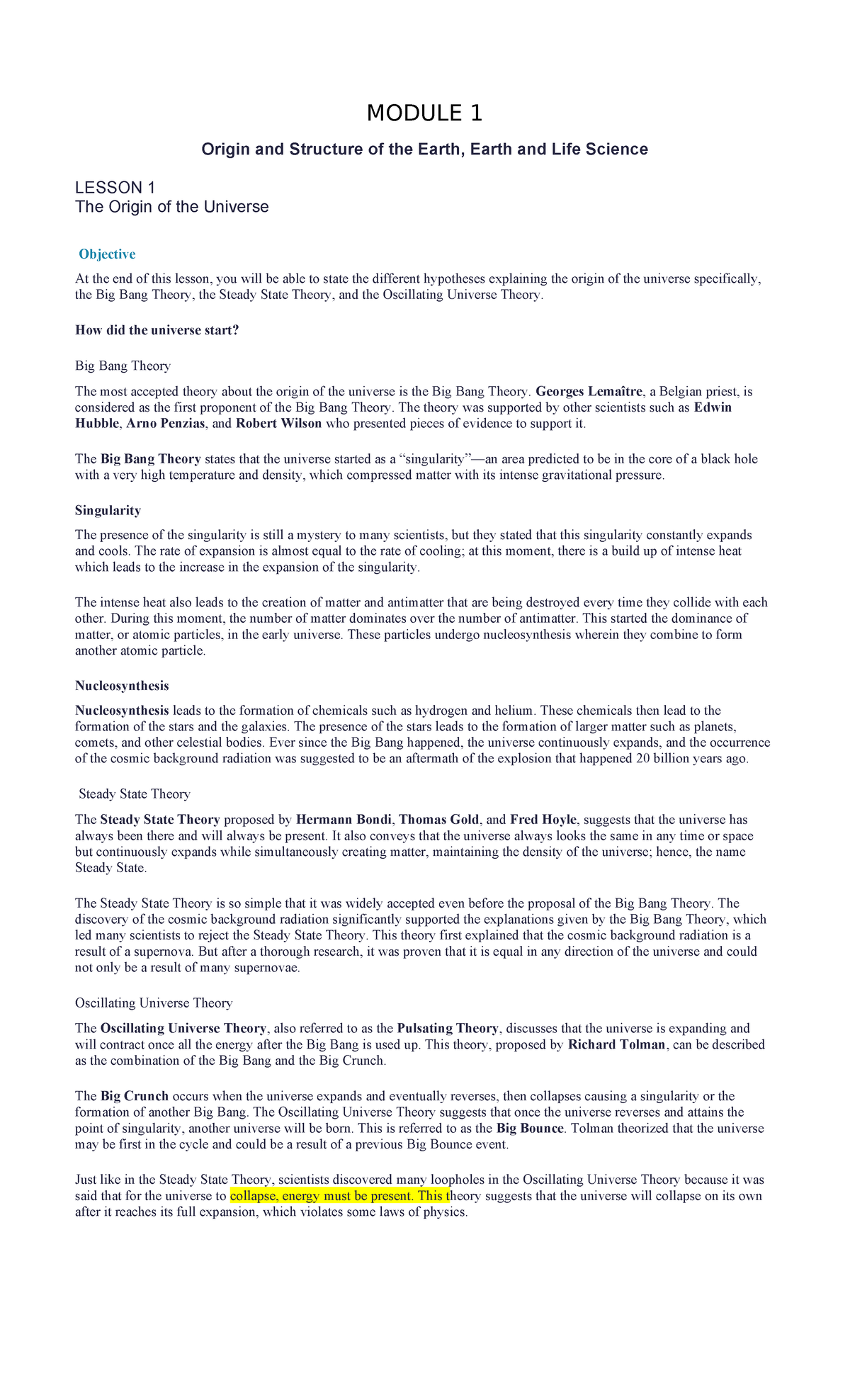Earth & Life Science Module 1 - MODULE 1 Origin and Structure of the ...