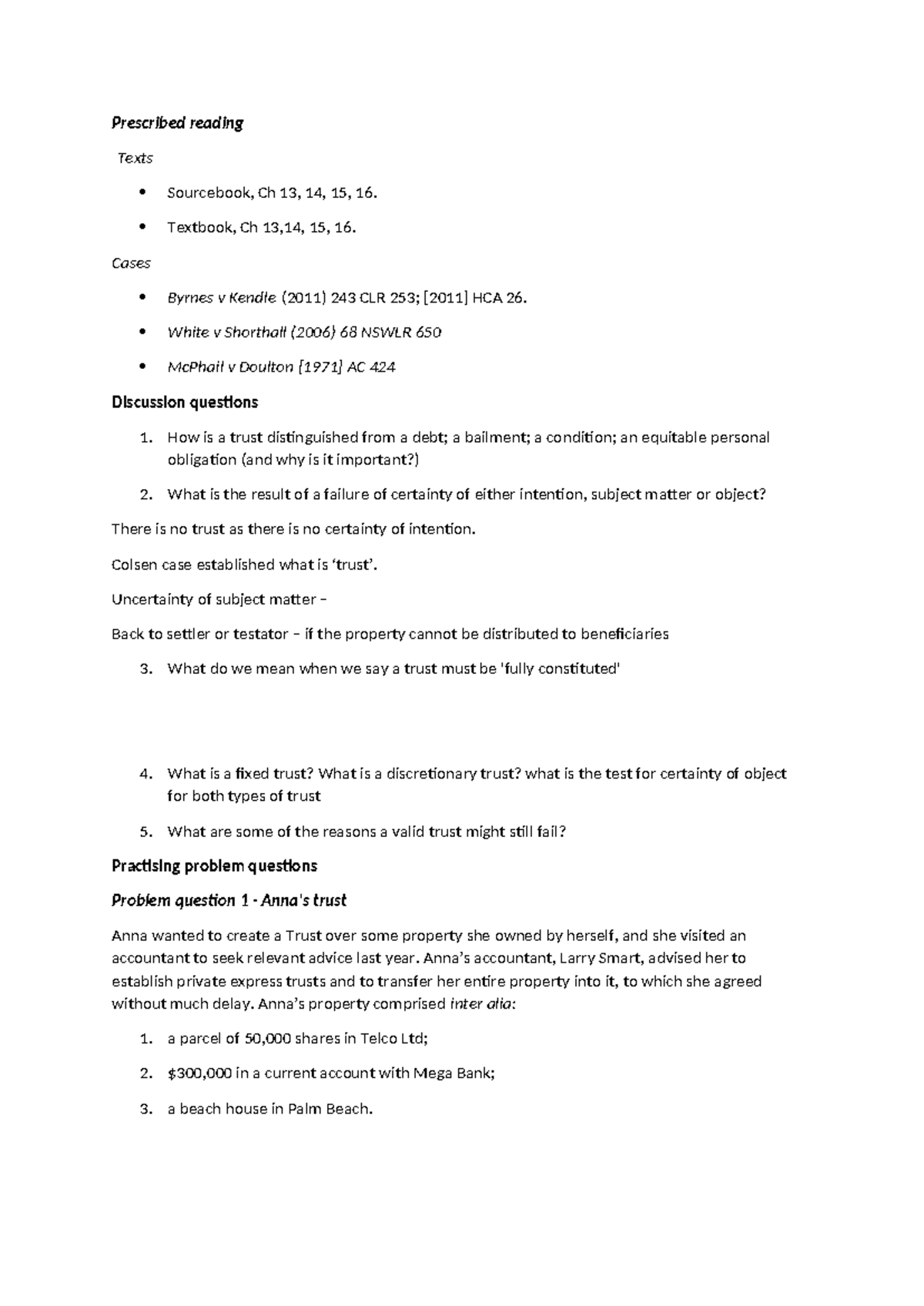 Trust Law Case Studies and Discussion Questions - Week 7 Tutorial - Studocu
