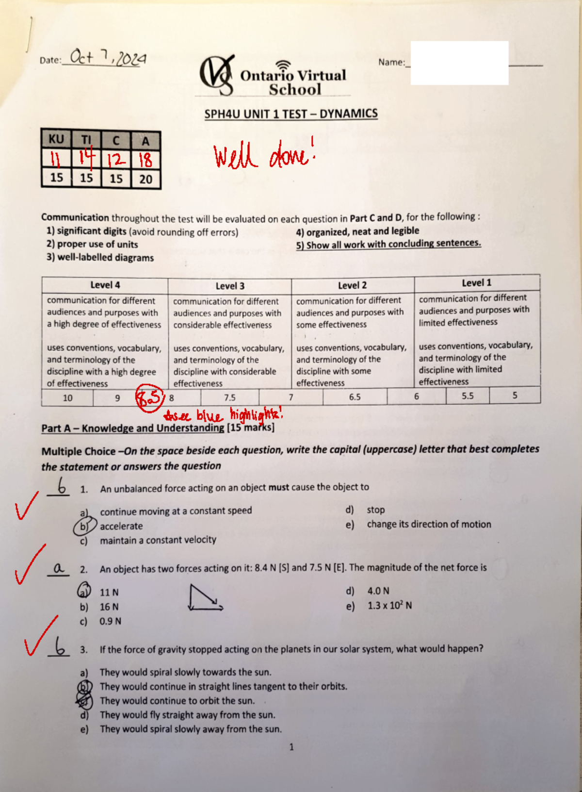OVS SPH4U Unit 1 Test: Dynamics Marked Answers - Mylvaganam - Studocu