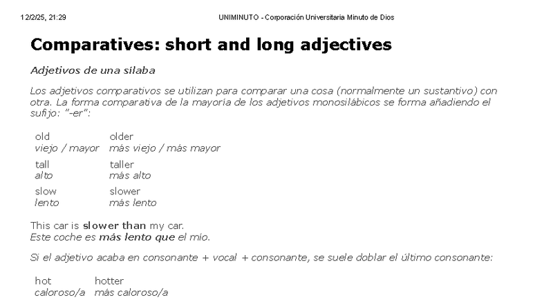 21:29 UNIMINUTO Comparatives: Short & Long Adjectives U3 Notes - Studocu