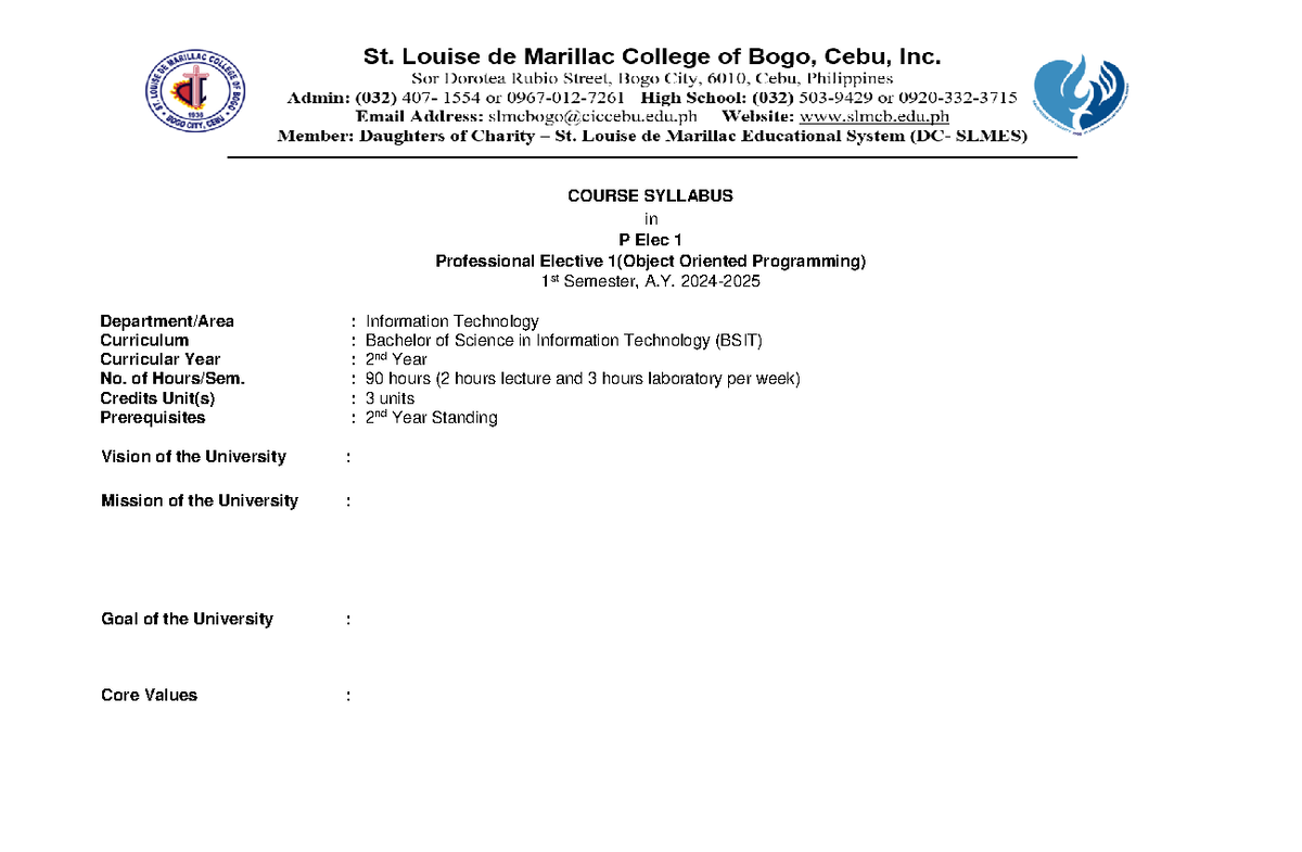 PElec 1 OOP Syllabus - 1st Sem, A.Y. 2025-2026 - Studocu