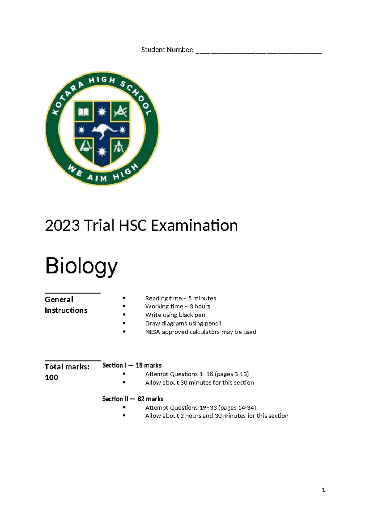 2023 Biology Trial HSC Exam: General Instructions & Questions - Studocu