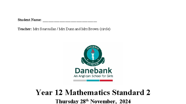 2025 Year 12 Mathematics Standard 2 Task 1 Topic Test - Studocu