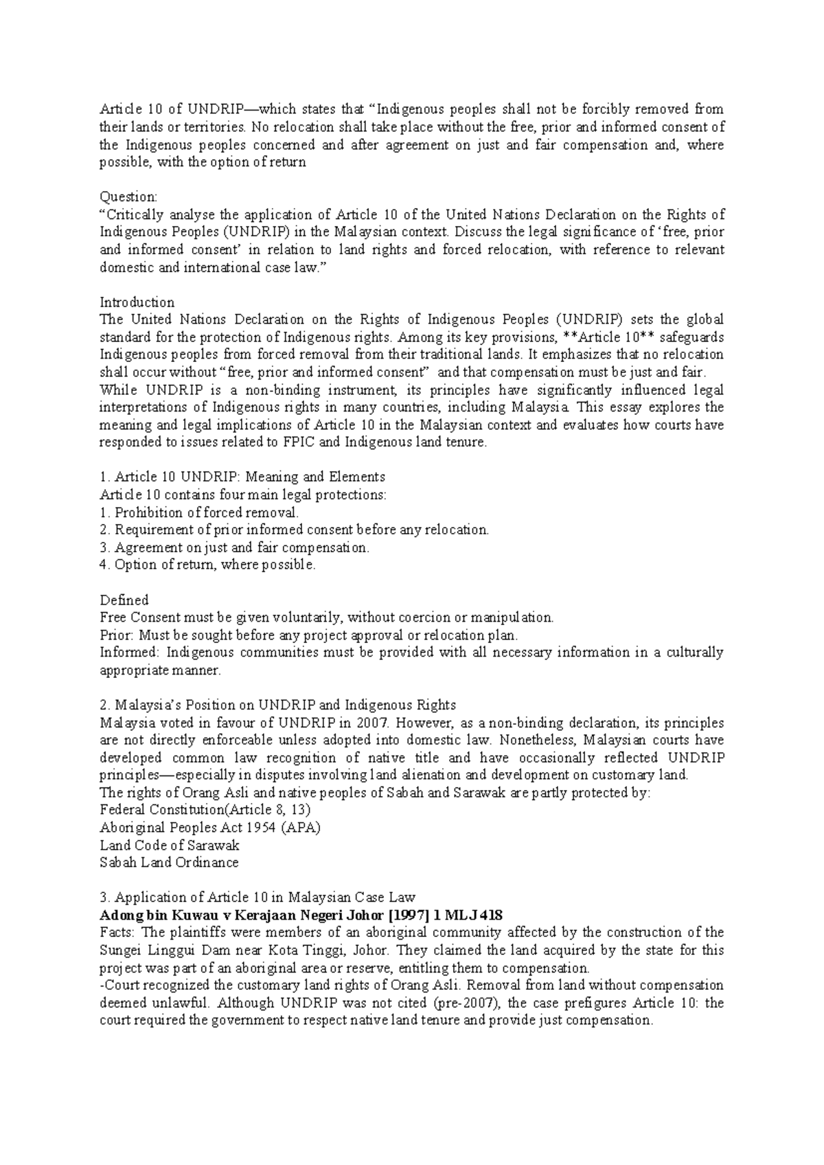 Analysis of Article 10 of UNDRIP in Malaysia: Legal Implications and ...