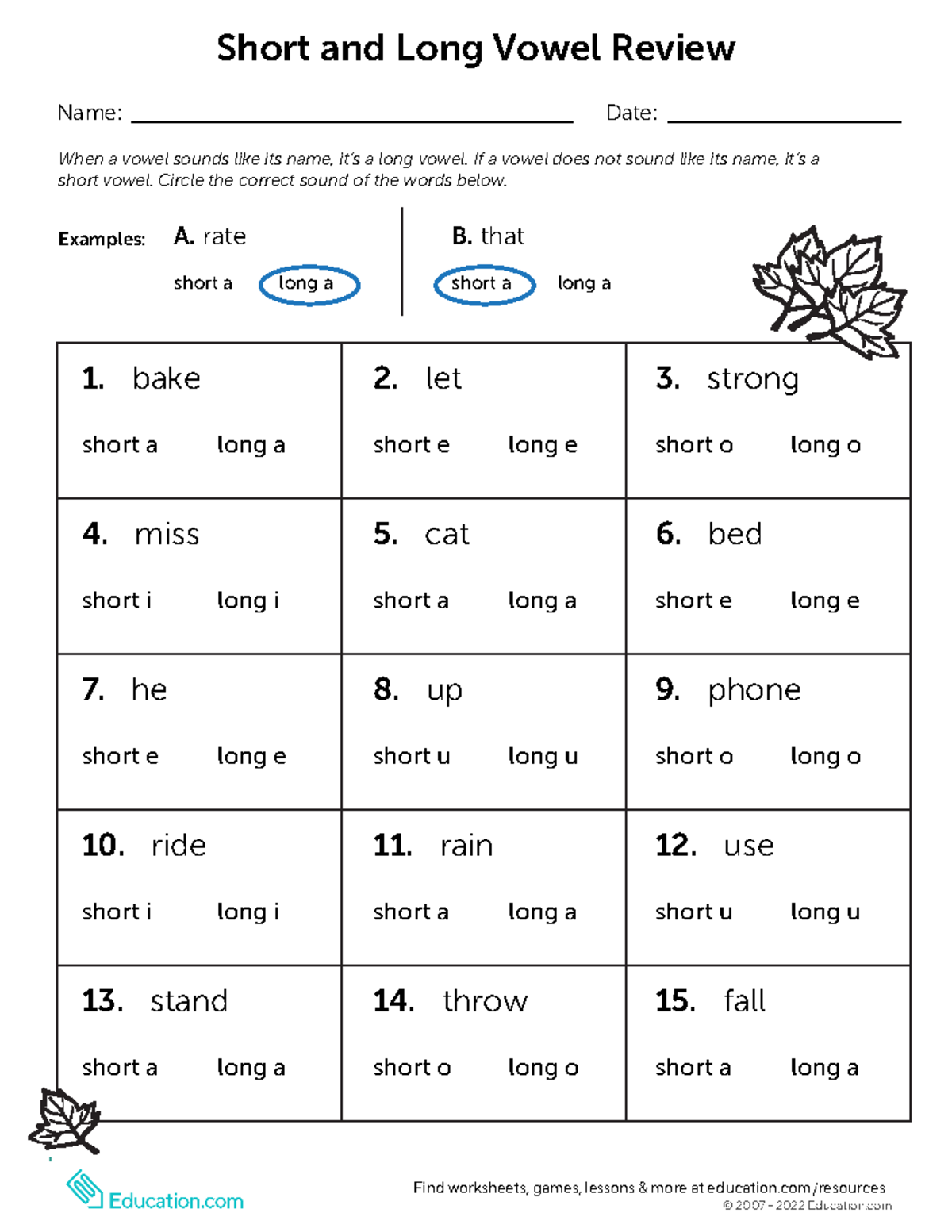 Short and Long Vowel Review Worksheet - Studocu