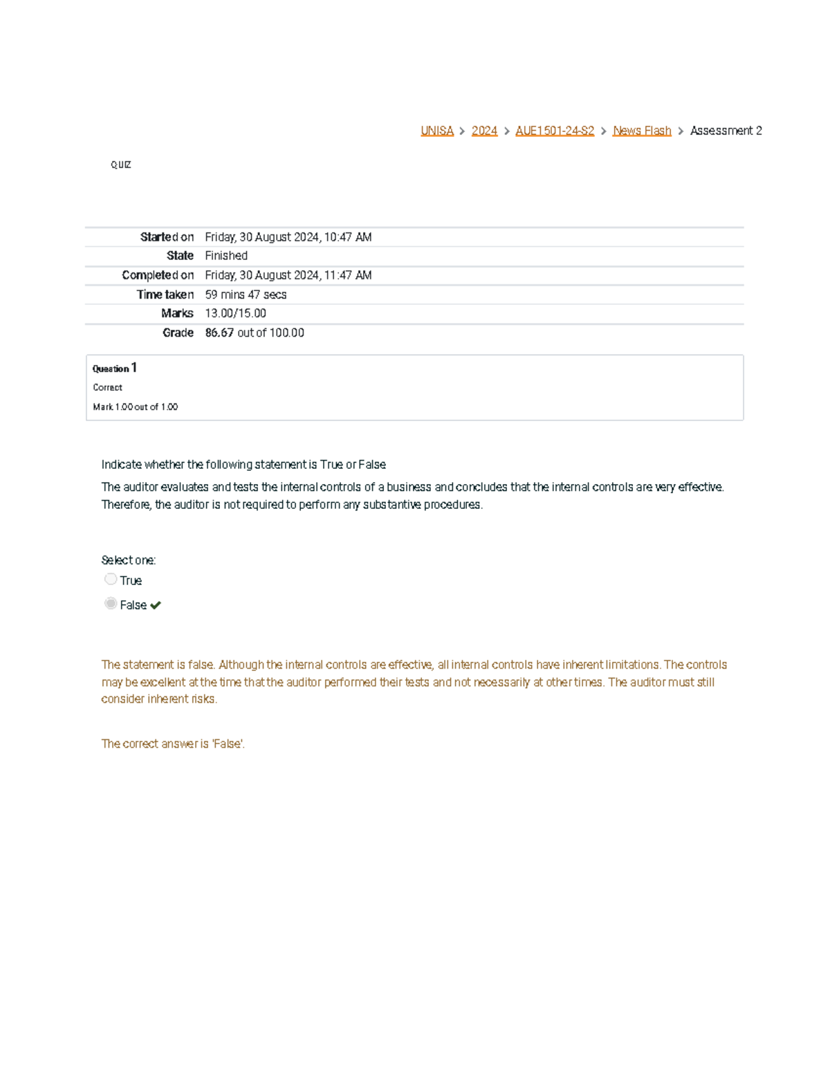 UNISA 2024 Assessment 2 Quiz Review on Audit Evidence and Procedures ...